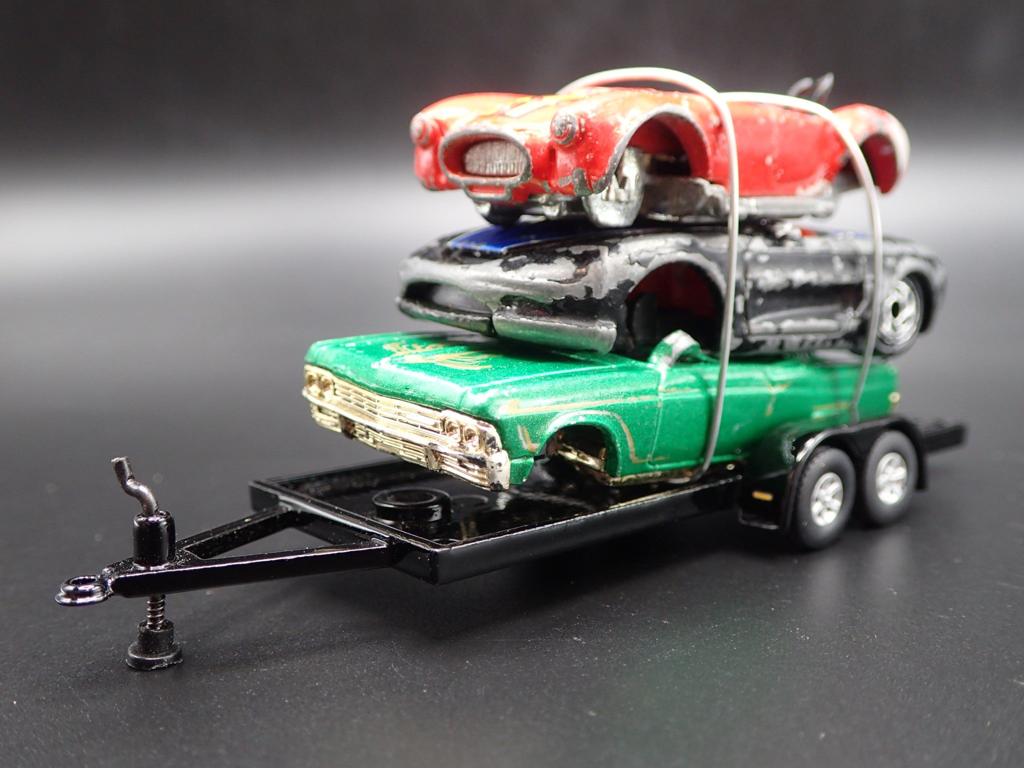 FORD CHEVROLET 3 CARS CRUSHED ON A FLATBED TRAILER 1:64 SCALE DIECAST ...