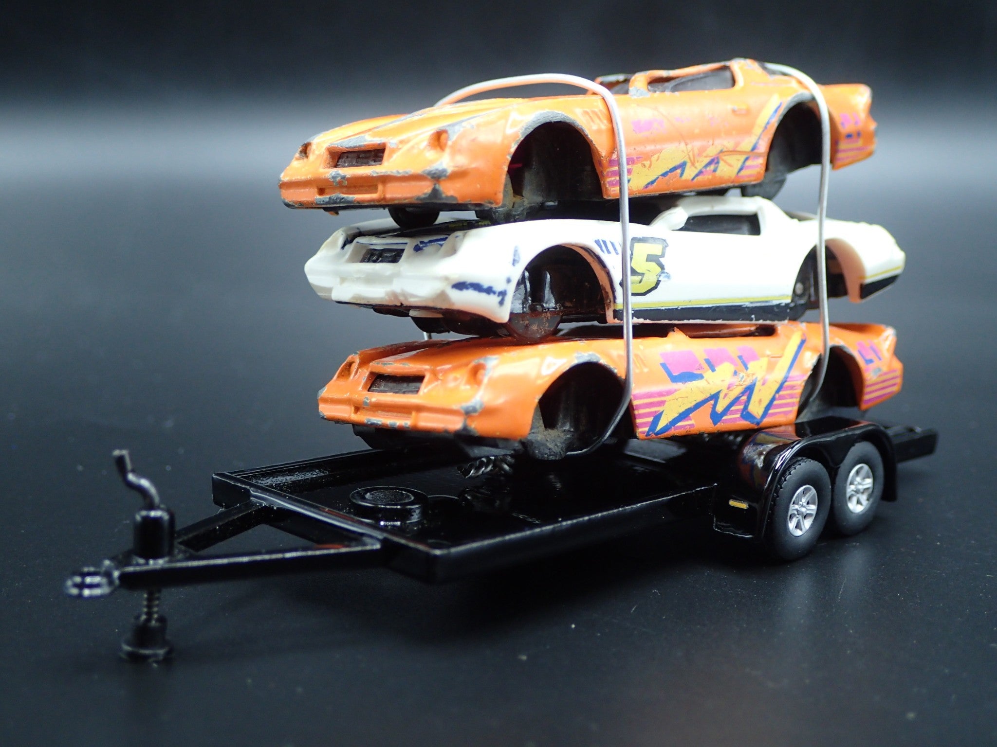 VINTAGE CHEVY 3 CARS CRUSHED ON A FLATBED TRAILER 1:64 SCALE DIECAST M ...