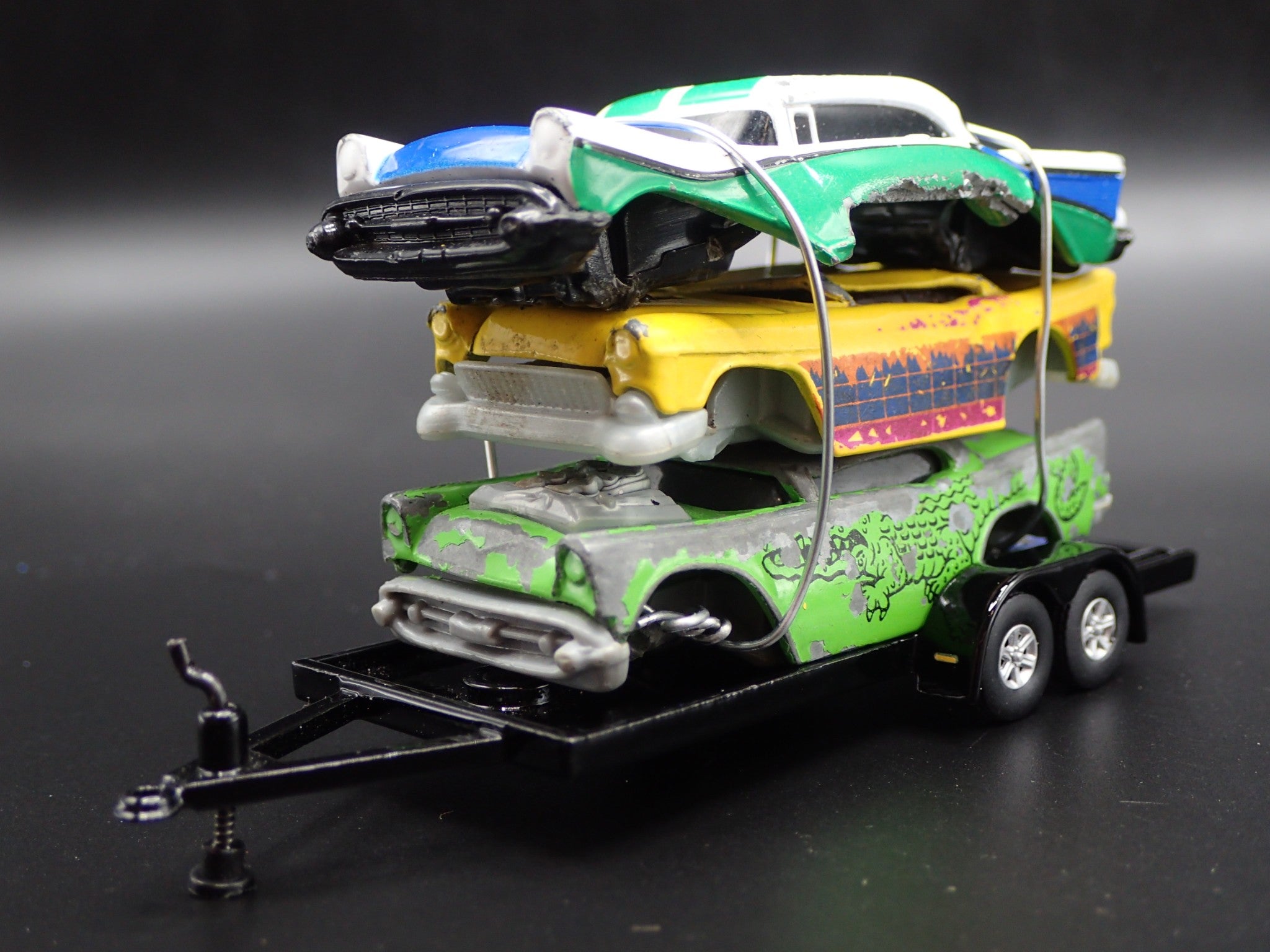 CHEVY BELAIR 3 CARS CRUSHED ON A FLATBED TRAILER 1:64 SCALE DIECAST MO ...