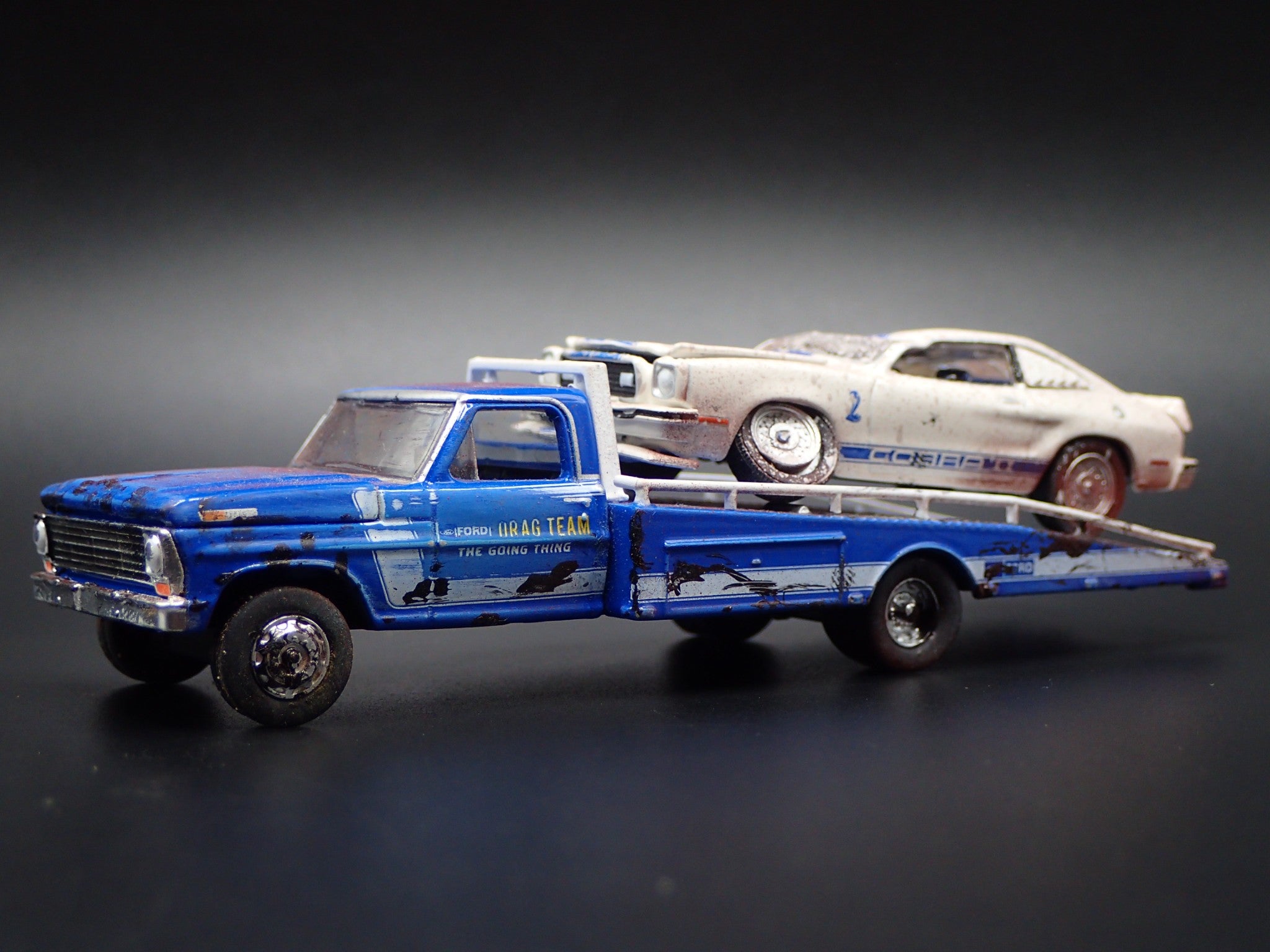 1969 FORD F350 RAMP TOW TRUCK FLATBED w 1976 MUSTANG BARN FIND 1:64 DI ...
